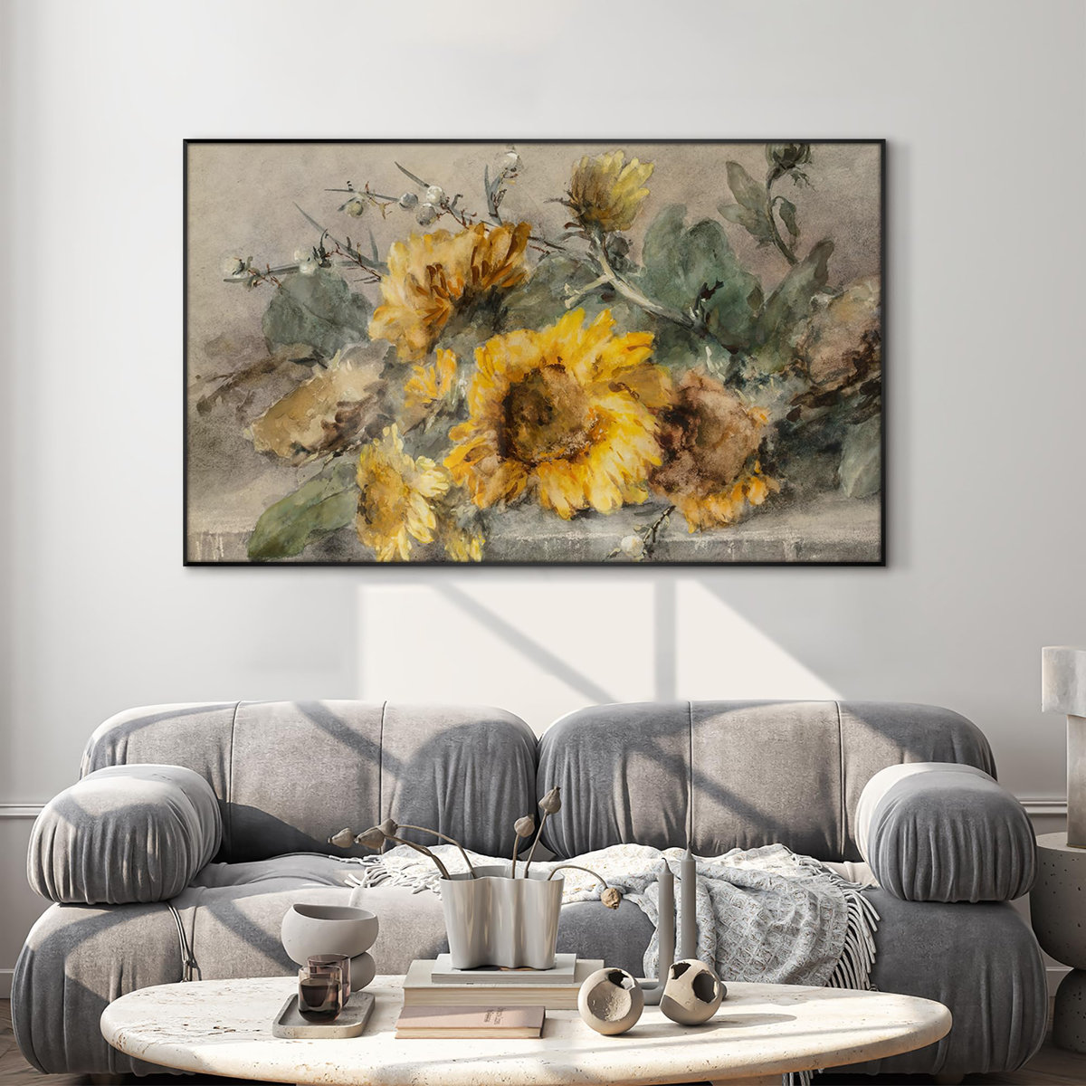 SIGNLEADER Rustic Sunflower Vintage Floral Painting Illustrations Extra Large Framed Wall Art ...